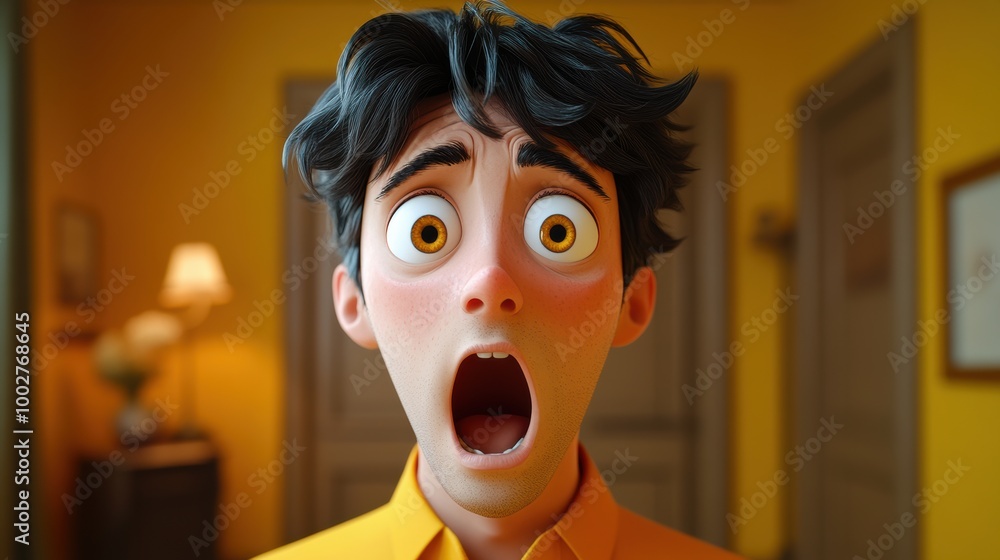 3D render of a cartoon man with a shocked expression, A shocked young ...
