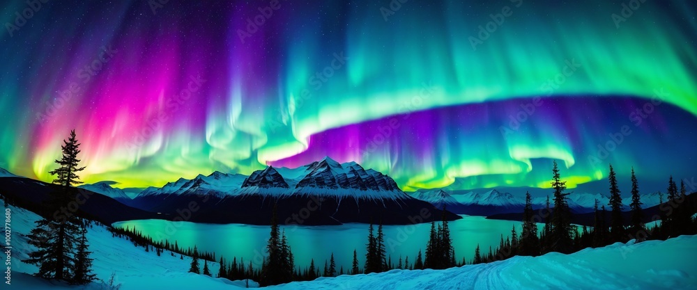 aurora borealis over alpine forest lake background Stock Photo | Adobe ...