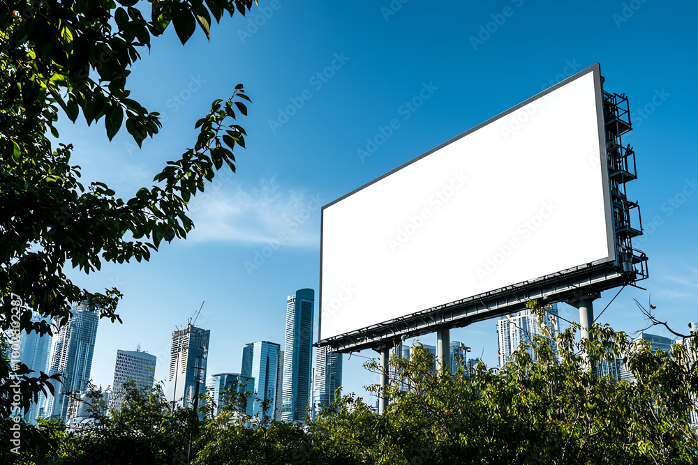Blank horizontal billboard mockup on a modern building, city skyline ...