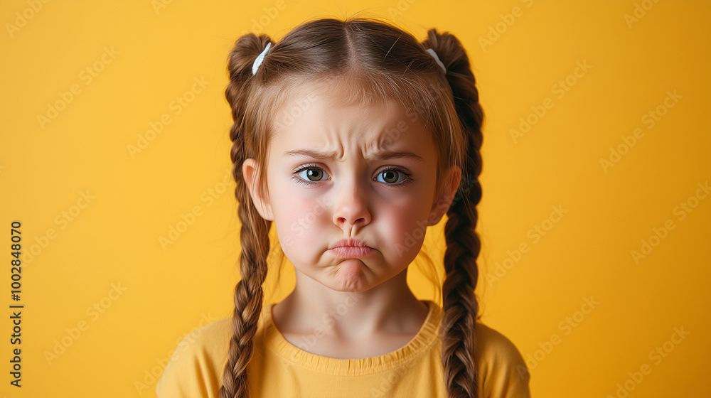 young girl with braids pouting, her eyes showing a mix of frustration ...