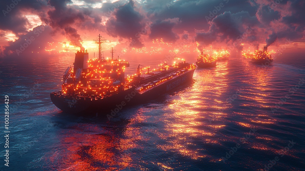 Render a scene where cargo ships cross digital seas, guided by glowing ...