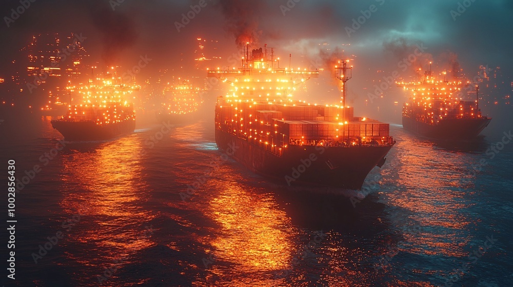 Render a scene where cargo ships cross digital seas, guided by glowing ...