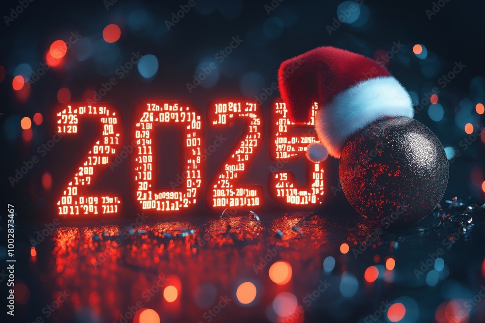 2025 in Glowing Binary Code with Santa Hat and Ornament Stock ...