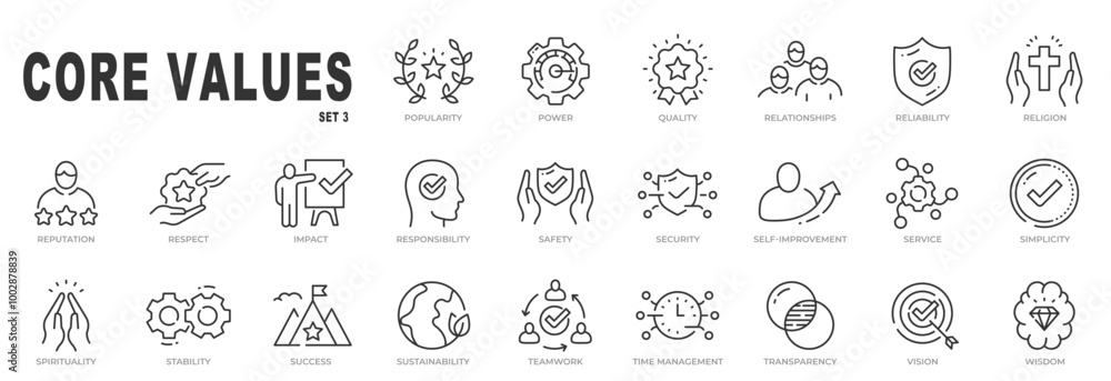 Set of core values related icons. Power, quality, stability, teamwork ...