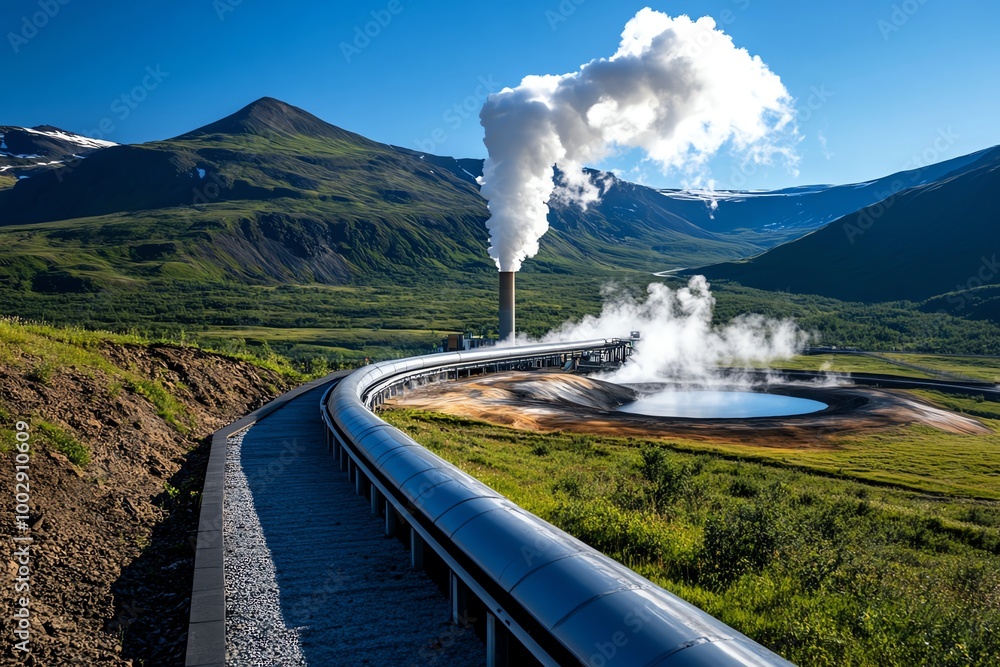 A geothermal power plant with steam rising from the ground, showcasing ...