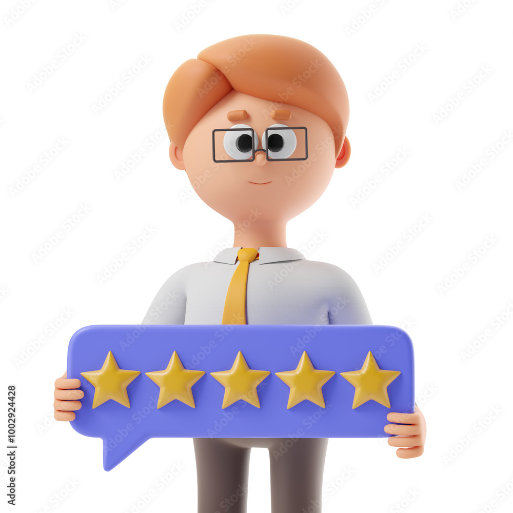 Cartoon character holding a blue five-star rating board. 3D rendering ...