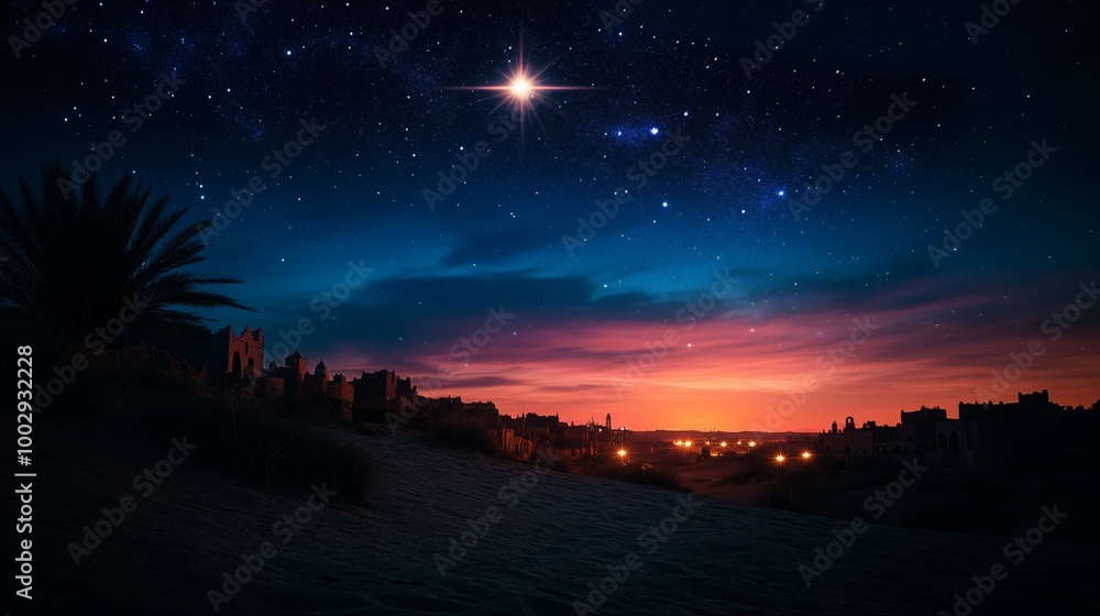 A bright star leads the Wise Men through a desert towards the ...