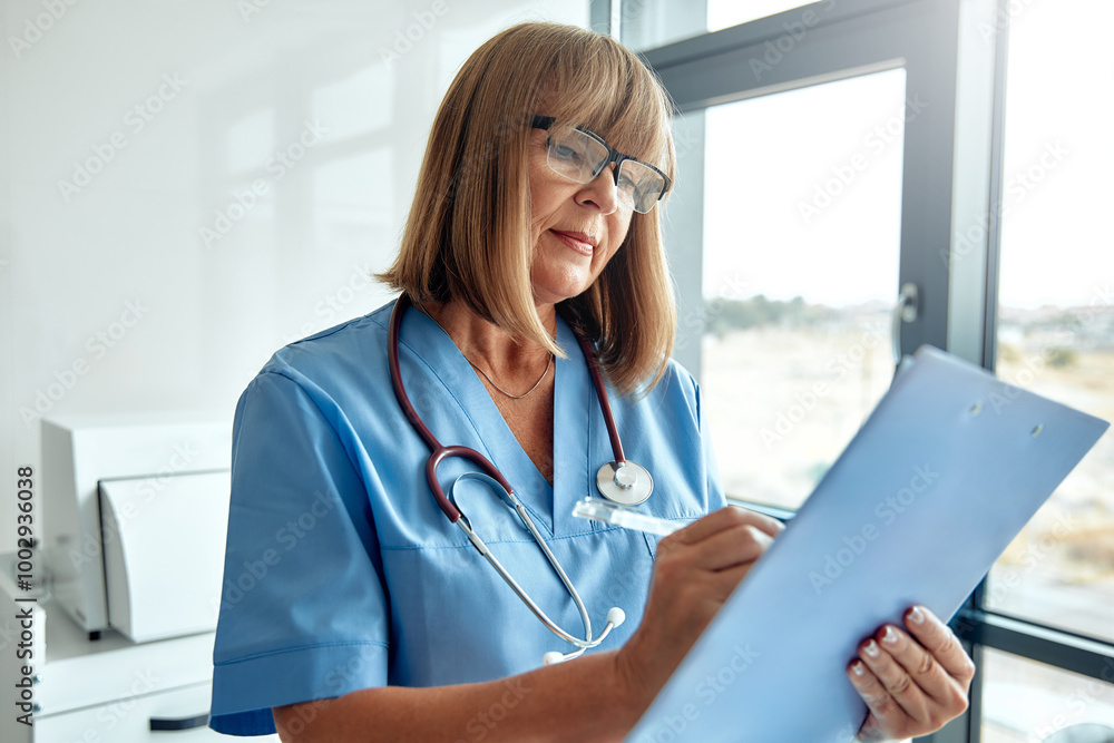 A Dedicated and Committed Nurse Reviewing Patient Charts in a Modern ...