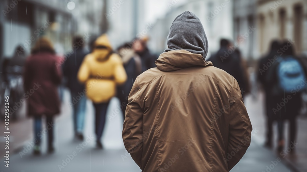 A person with a brown jacket and hood walking through a busy urban ...