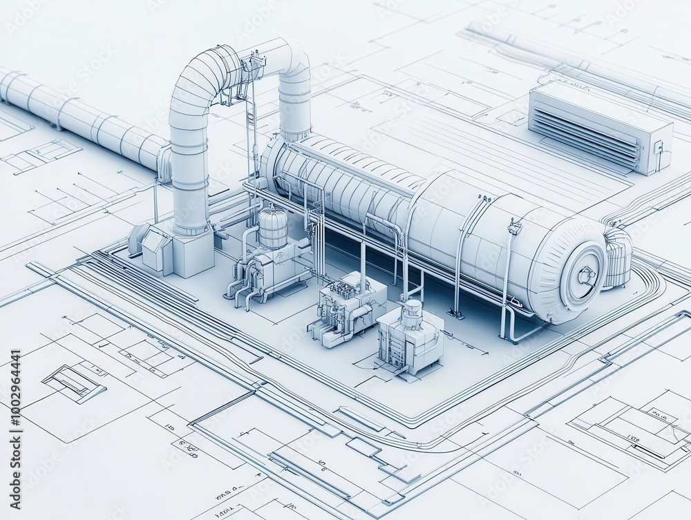 Technical drawing of an HVAC system, illustrating ductwork, airflows ...
