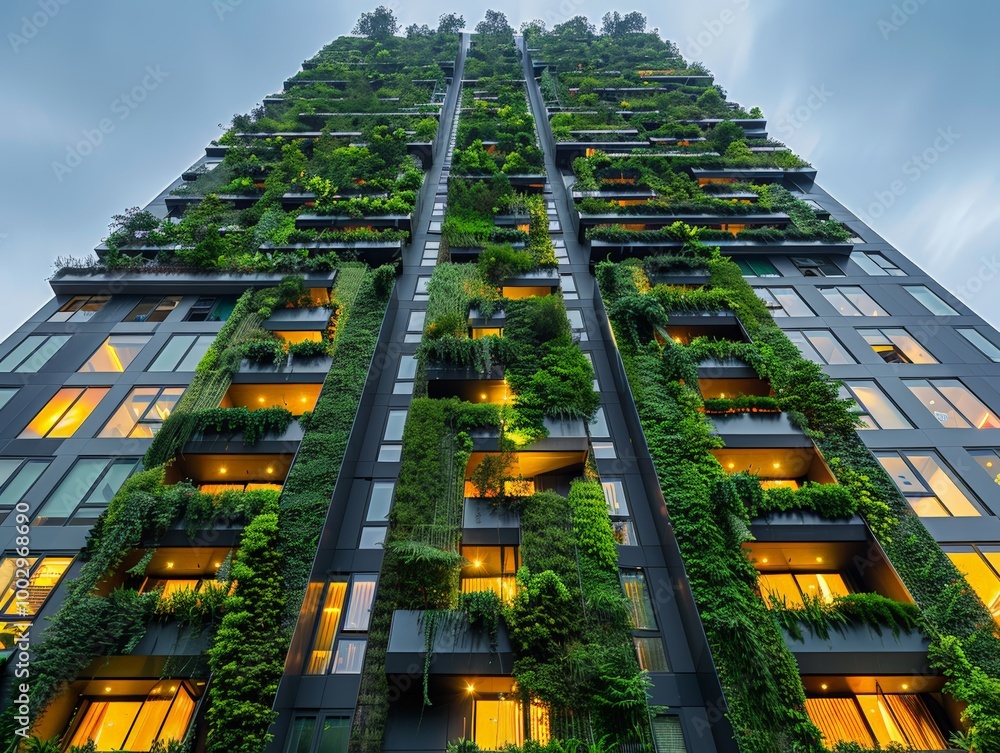 Ilustrace Tall modern building covered with vertical gardens windows ...