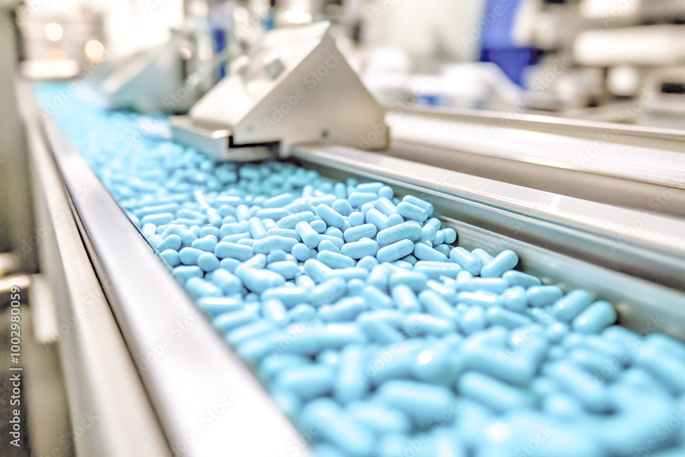 An array of blue capsule pills is shown on a conveyor belt, depicting ...