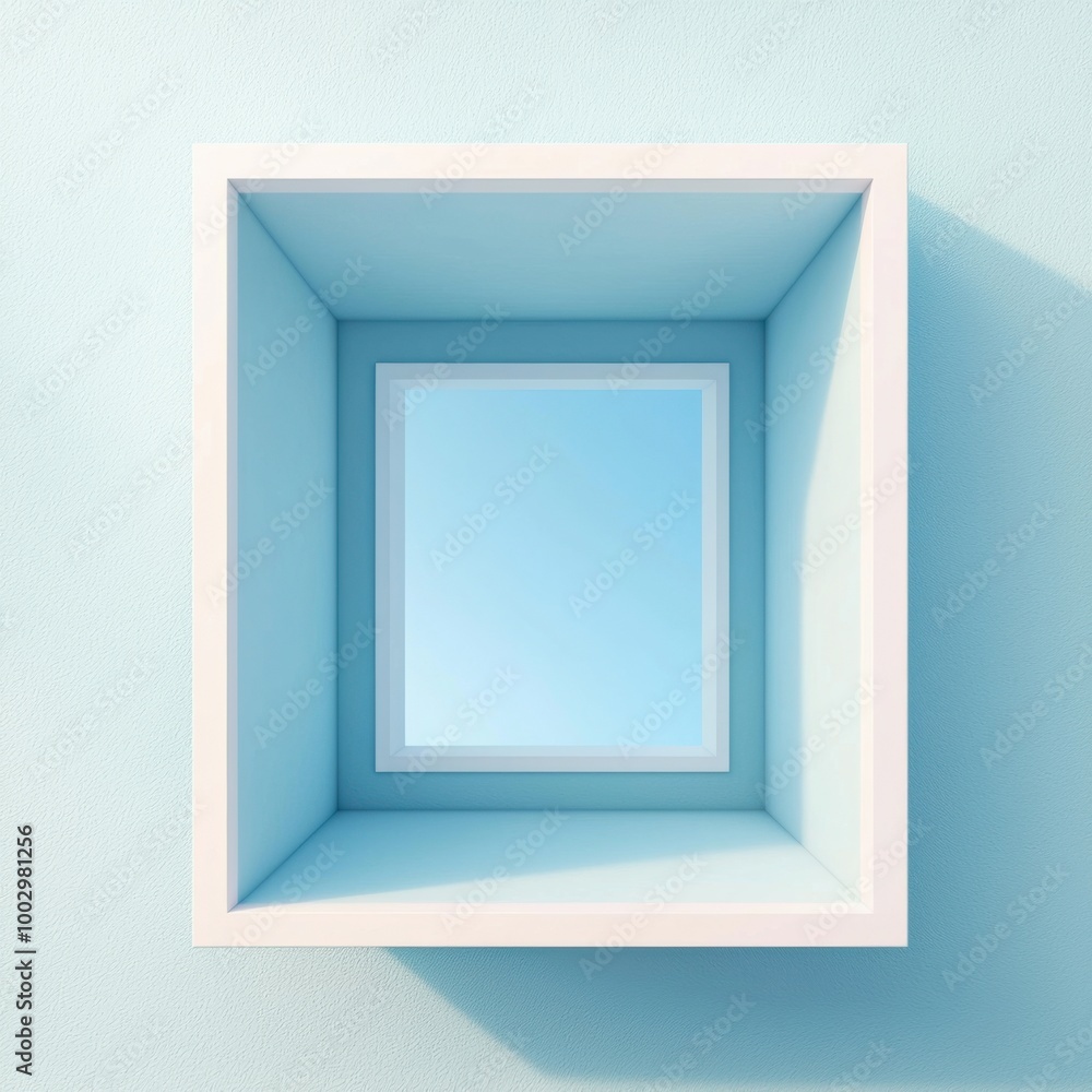 Perspective view of a square window frame with clear sky reflection ...