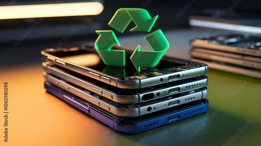 Recycle symbol, 3D green recycling symbol on the image of stacked ...