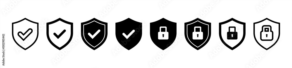 Set of security shield icons, security shields logotypes with check mark and padlock. Security ...