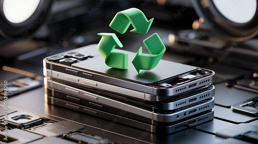 Recycle symbol, 3D green recycling symbol on the image of stacked ...