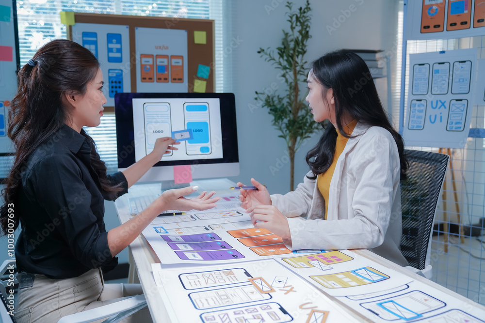 Two female ui/ux designers are working together, discussing the user flow and interface of a ...