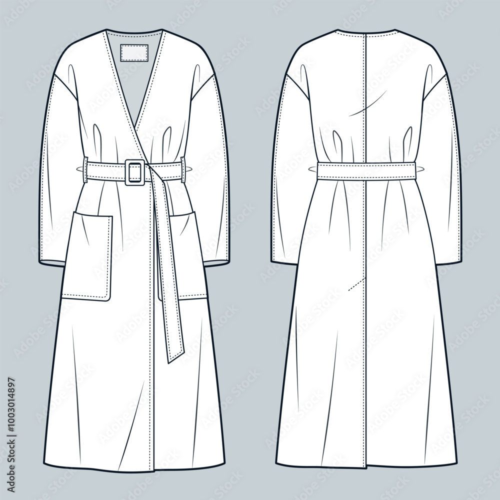 Collarless Coat technical fashion illustration. Belted Coat fashion ...