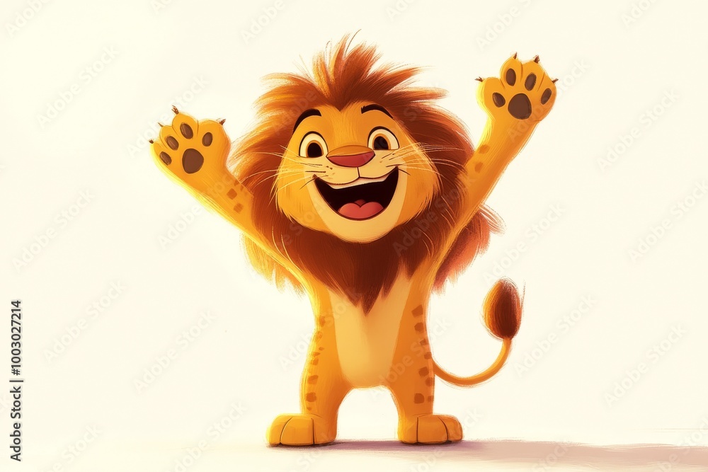 Cartoon lion smiling widely with paws raised, excited, and playful ...
