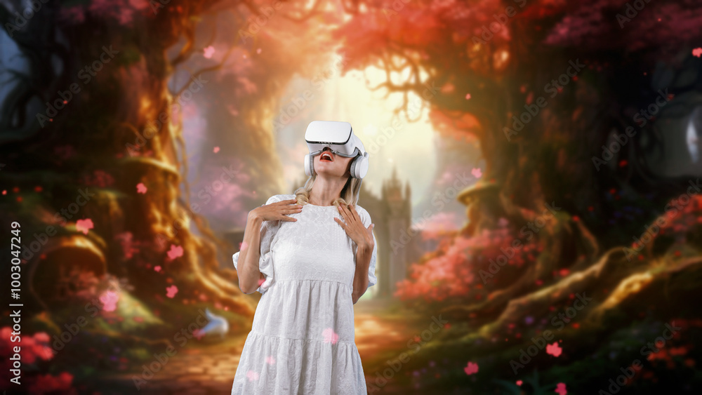 Excited woman looking around by VR surround enchanted wonderful ...