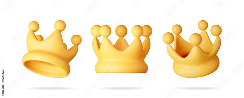 3D set of gold crown icon isolated. Render metal crown emoji symbol ...