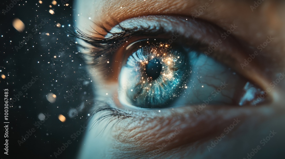 Open eye floating in space with a starry backdrop symbolizing ...
