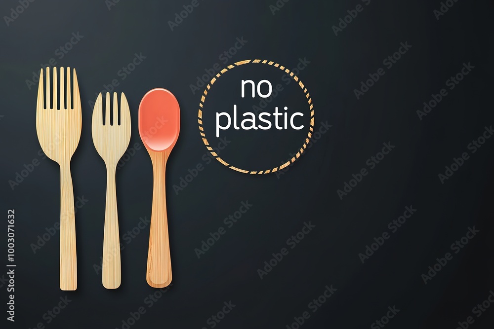 Eco-friendly cutlery with "no plastic" message Stock Photo | Adobe Stock