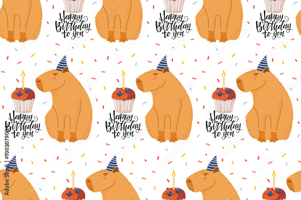 Seamless Birthday pattern. Happy birthday to you text and Cute Capybara ...