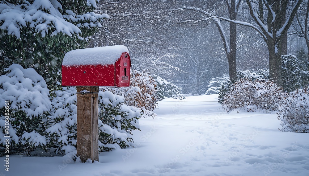 Snowcovered mailbox in a winter scene, with a snowy background of trees ...