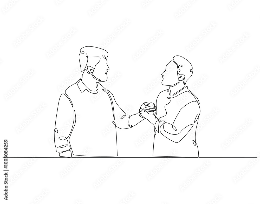 Continuous one line drawing of two man shaking hands. One line drawing ...