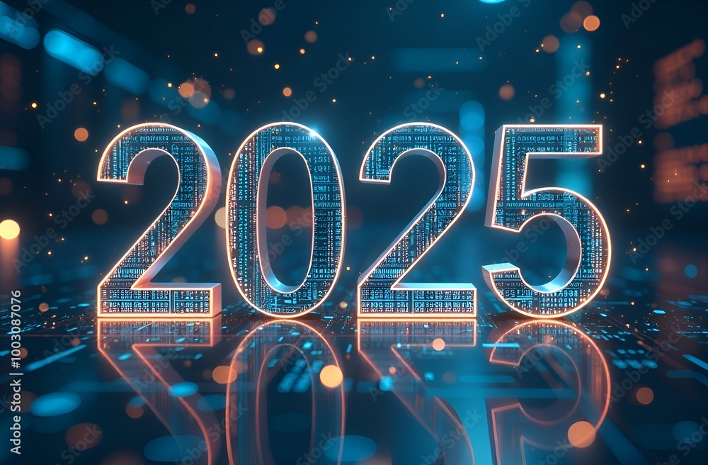 glowing numbers of 2025 with digital matrix pattern are depicted on a futuristic technology ...