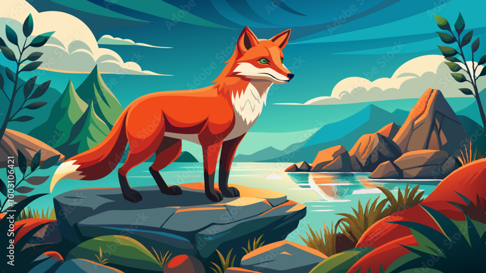 red fox vector standing on a few stones over the water surface ...