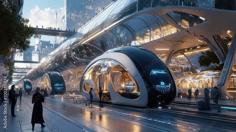 A high-tech transportation hub with electric vehicles and futuristic ...