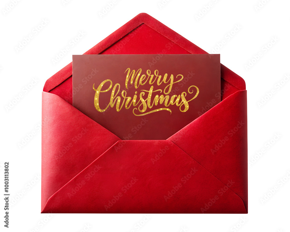 Red Envelope with letter card with Merry Christmas congratulations text ...