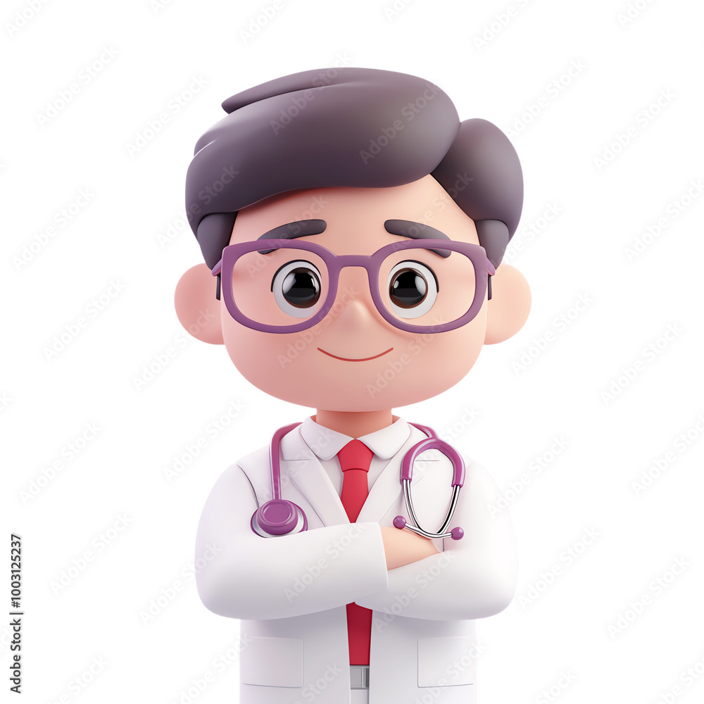 Cartoon male doctor character with glasses and a stethoscope, white ...
