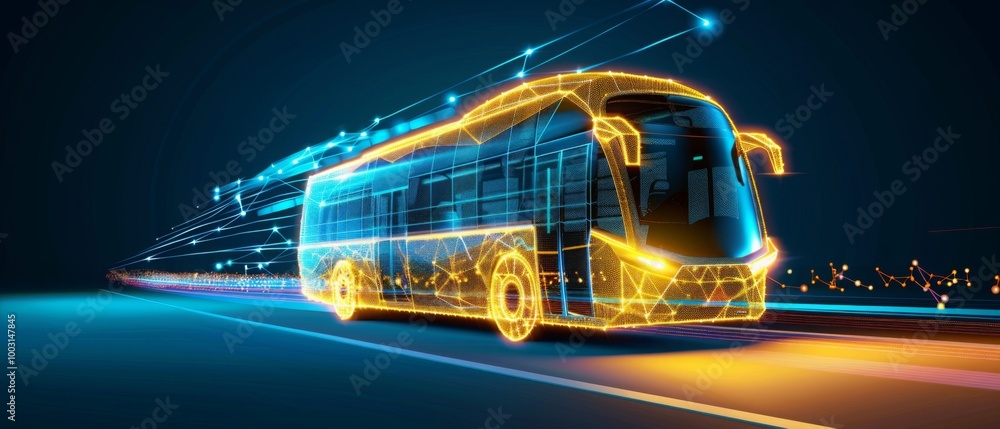 Digital golden high-speed bus in low poly wireframe, the future of ...