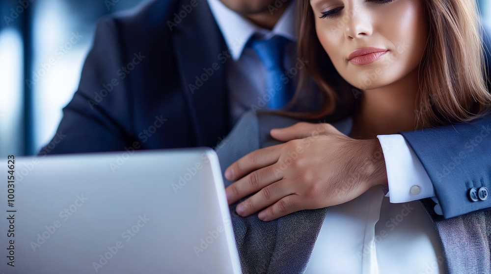 Businessman placing his hand on the shoulder of female colleague ...