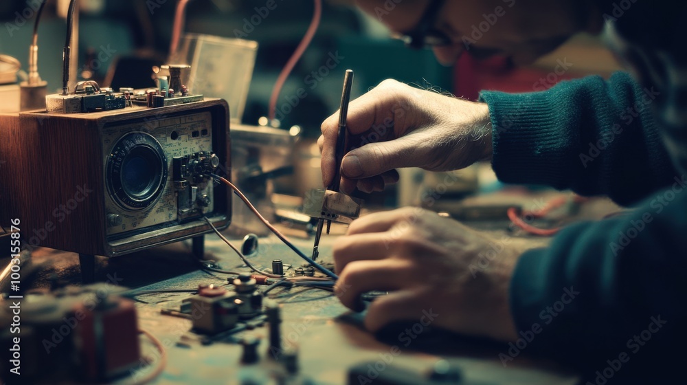 The technician focuses intently on repairing a vintage radio, carefully ...