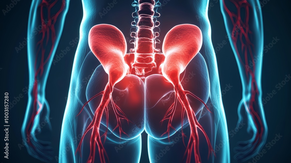 A detailed arteriography image of the pelvis, with contrast dye ...