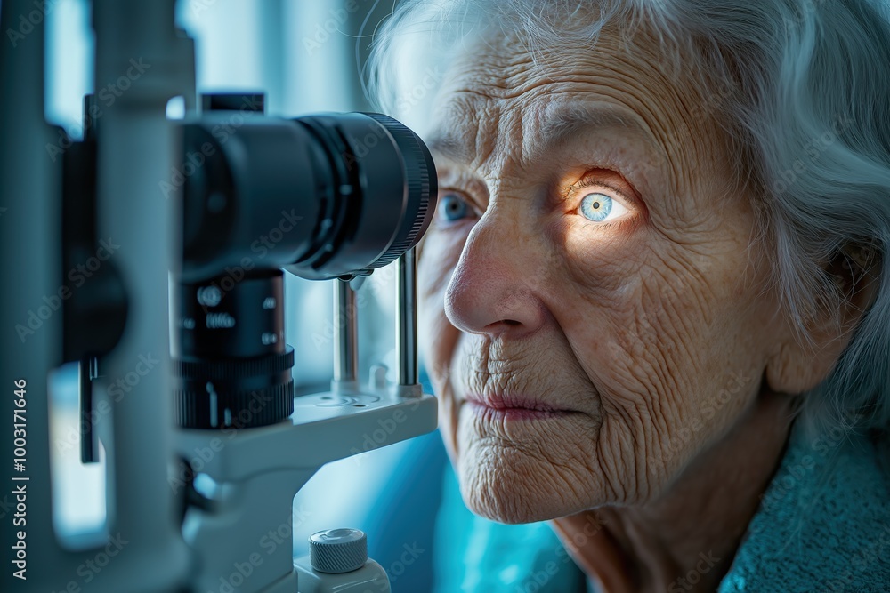 Elderly woman receives eye drops during an eye examination at a clinic ...