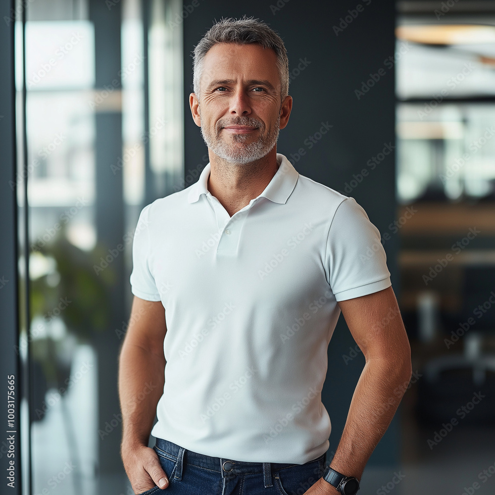 40 year old man in white polo shirt Stock Photo | Adobe Stock