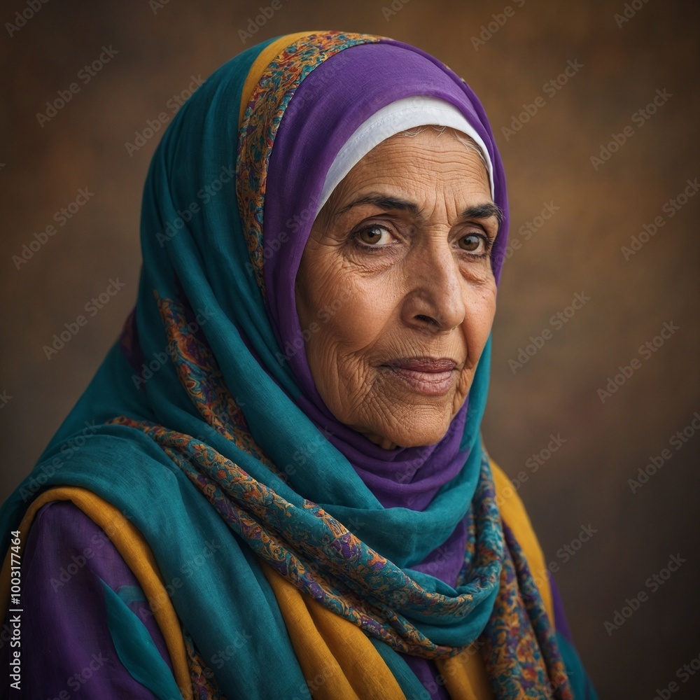 Elderly middle eastern woman with wrinkled skin, wearing colorful hijab ...