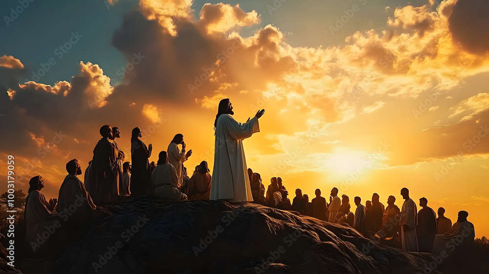 jesus christ preaching to the crowd on a mountaintop spiritual ...