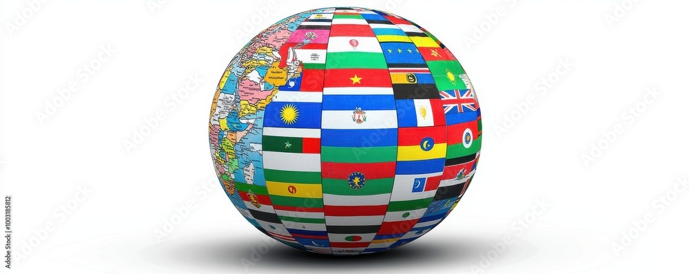 A globe covered with various national flags symbolizing global unity ...