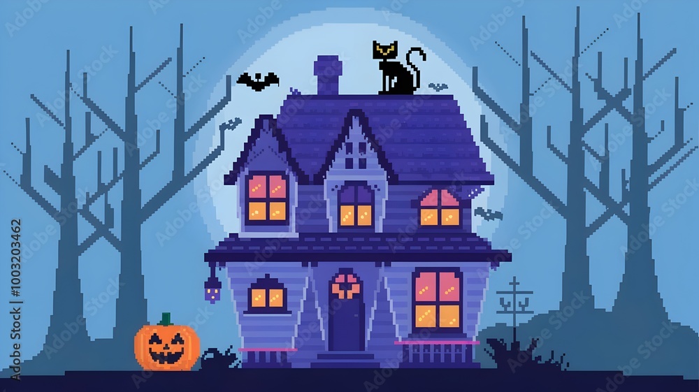 Stock-Illustration „Pixel art Halloween scene with haunted house and ...