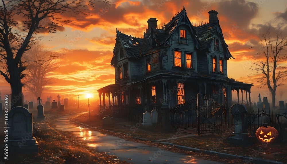 Nightmare on Sunset Street with Haunted House, Broken Windows, Creeping ...