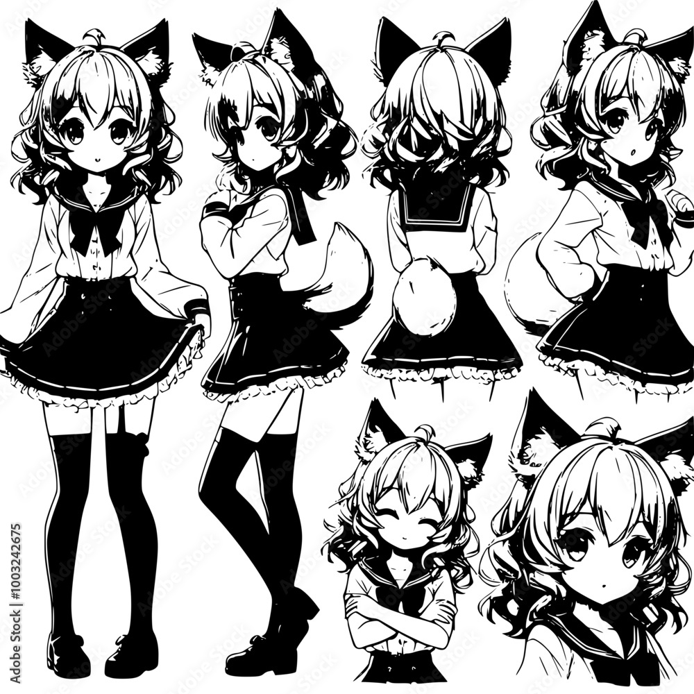 Fox-Eared Anime Girl: Captivating Vector Set with Dynamic Poses Stock ...