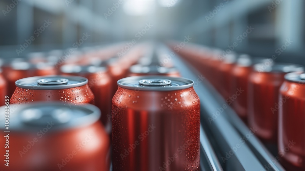 Red cans covered in condensation are lined up on a conveyor belt ...