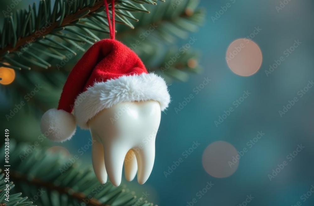 White tooth wearing santa hat hanging on christmas tree Stock Photo ...