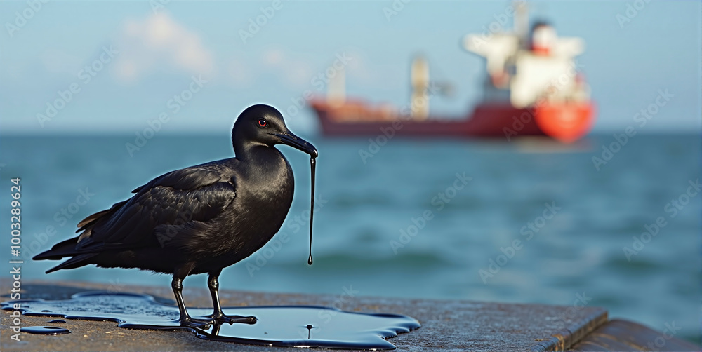 Seabird soiled with crude oil from an oil tanker in its natural ...